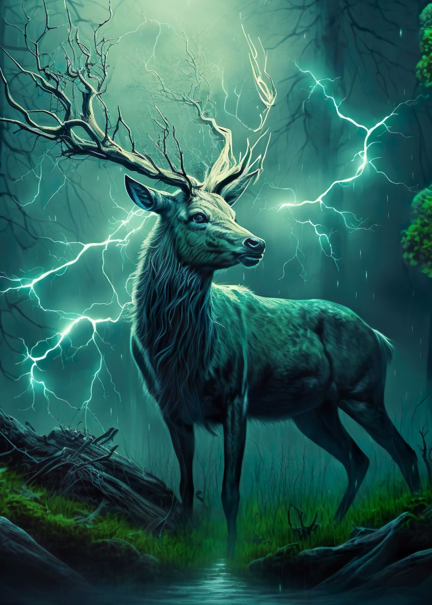'Enchanted Deer in Storm' Poster, picture, metal print, paint by ...