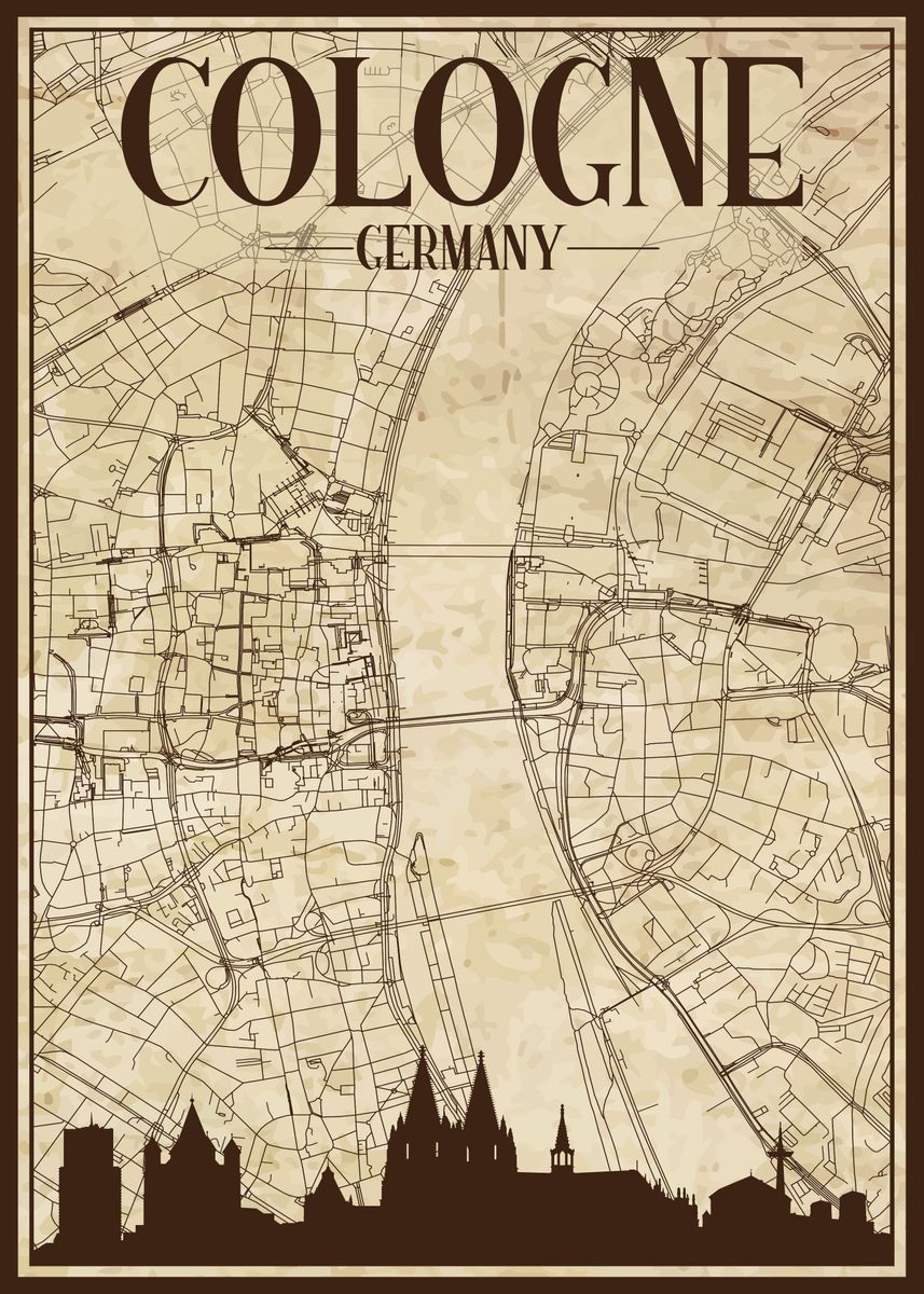 'Cologne Map Skyline' Poster, picture, metal print, paint by Fateh ...