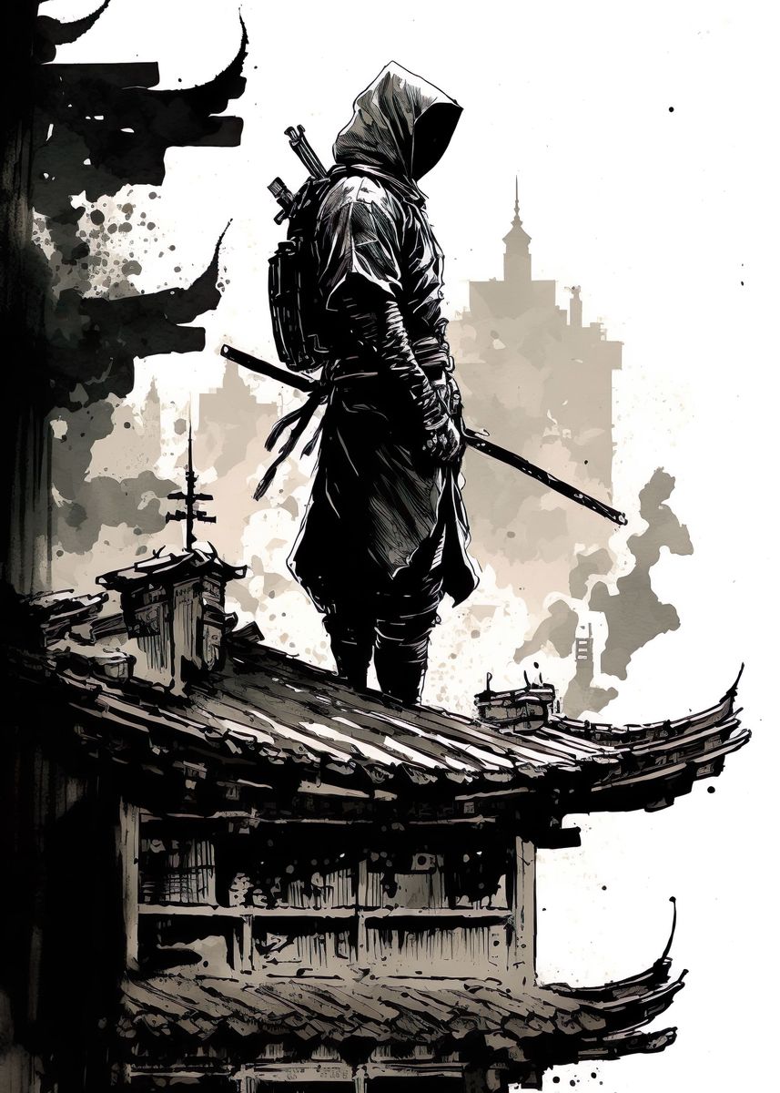 'Ninja on Rooftop' Poster, picture, metal print, paint by LD Art | Displate