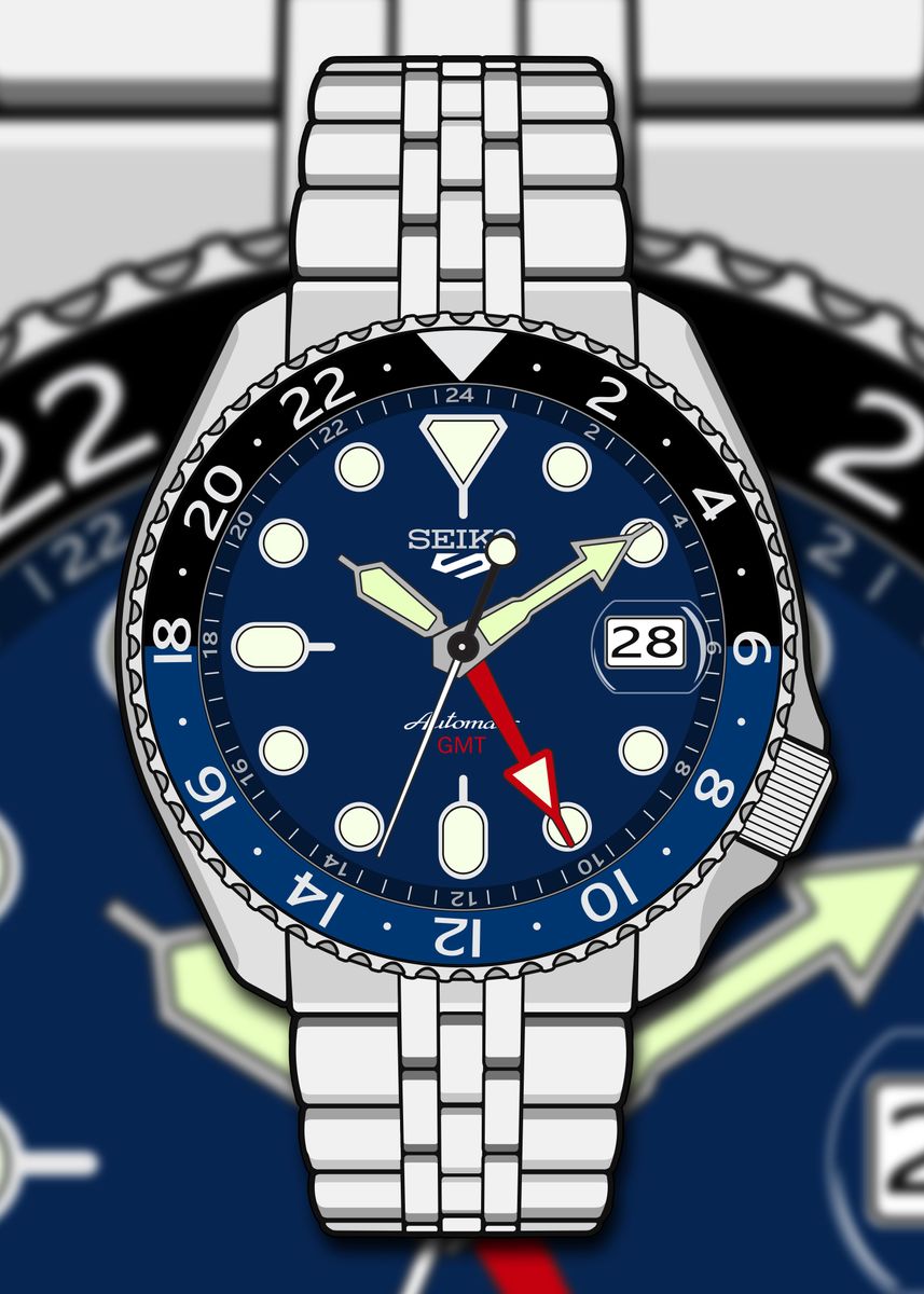 'Seiko 5 Blue GMT' Poster, picture, metal print, paint by HSDESIGNSHOP ...