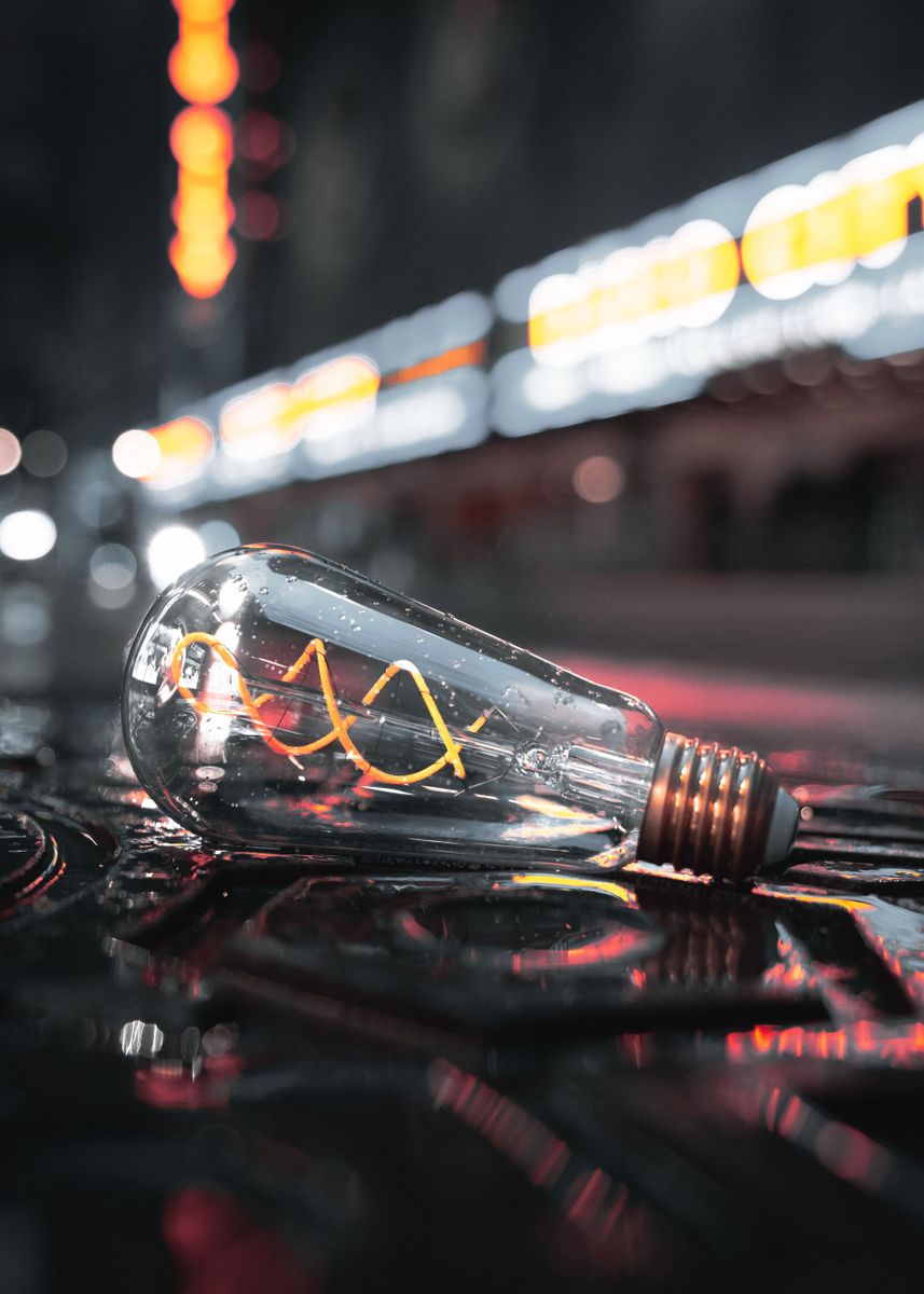 'Bulb and City Night Lights' Poster, picture, metal print, paint by ...