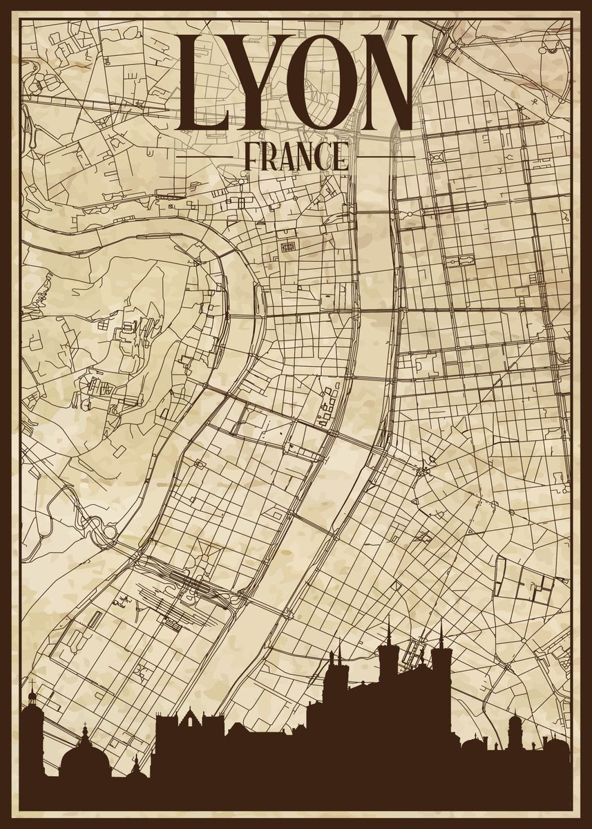'Lyon Map Skyline' Poster, picture, metal print, paint by Fateh Lahlah ...