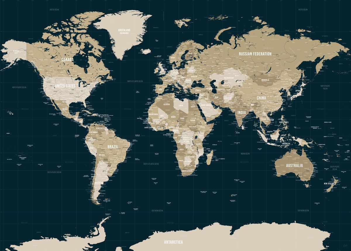 'Tan and Blue World Map' Poster by Alo | Displate