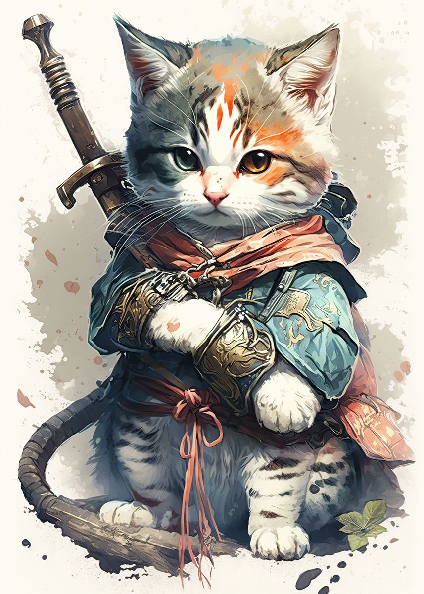 'baby cat samurai' Poster, picture, metal print, paint by graficart ...