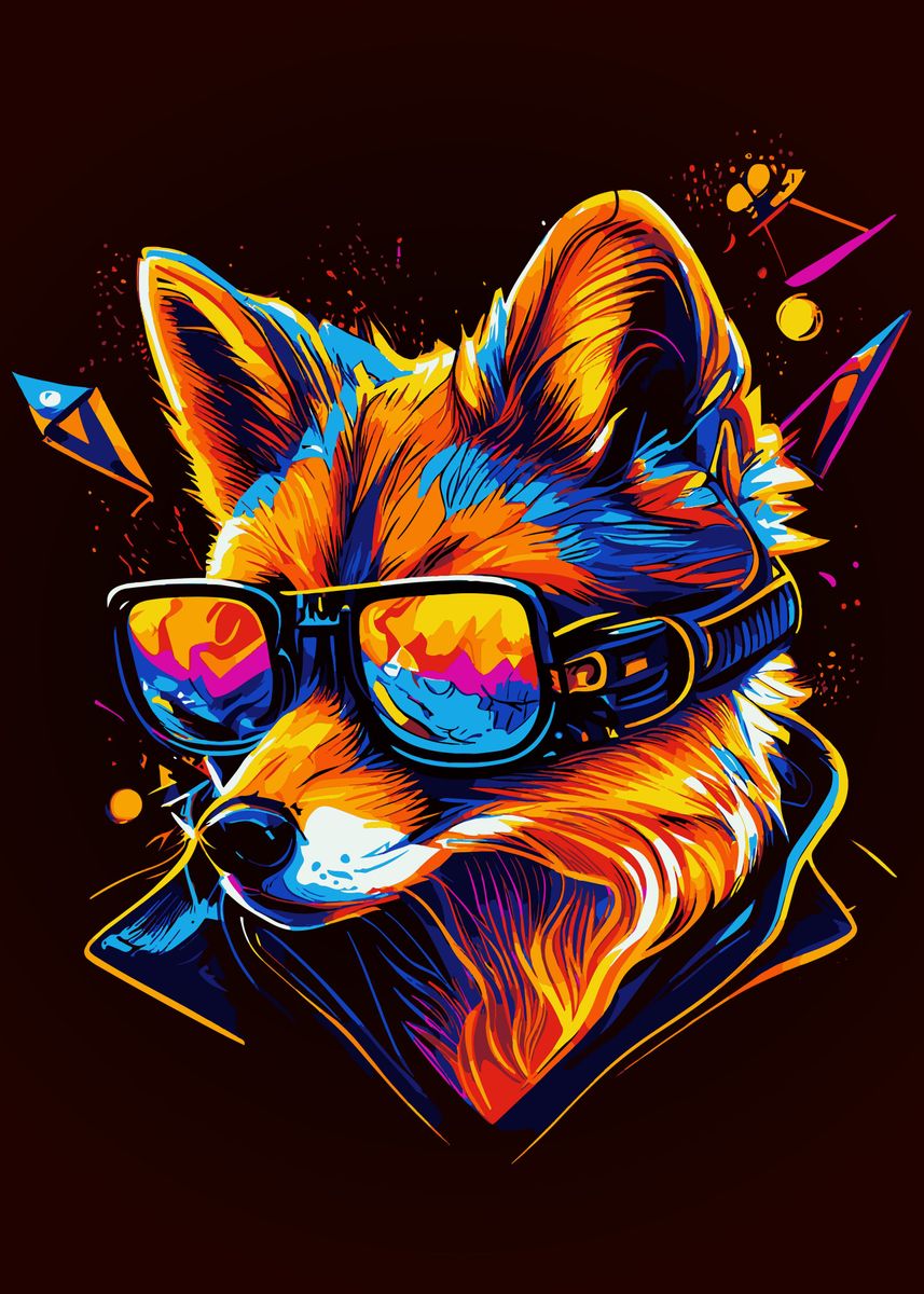 'Wild Aviator Neon Red Fox' Poster, picture, metal print, paint by ...