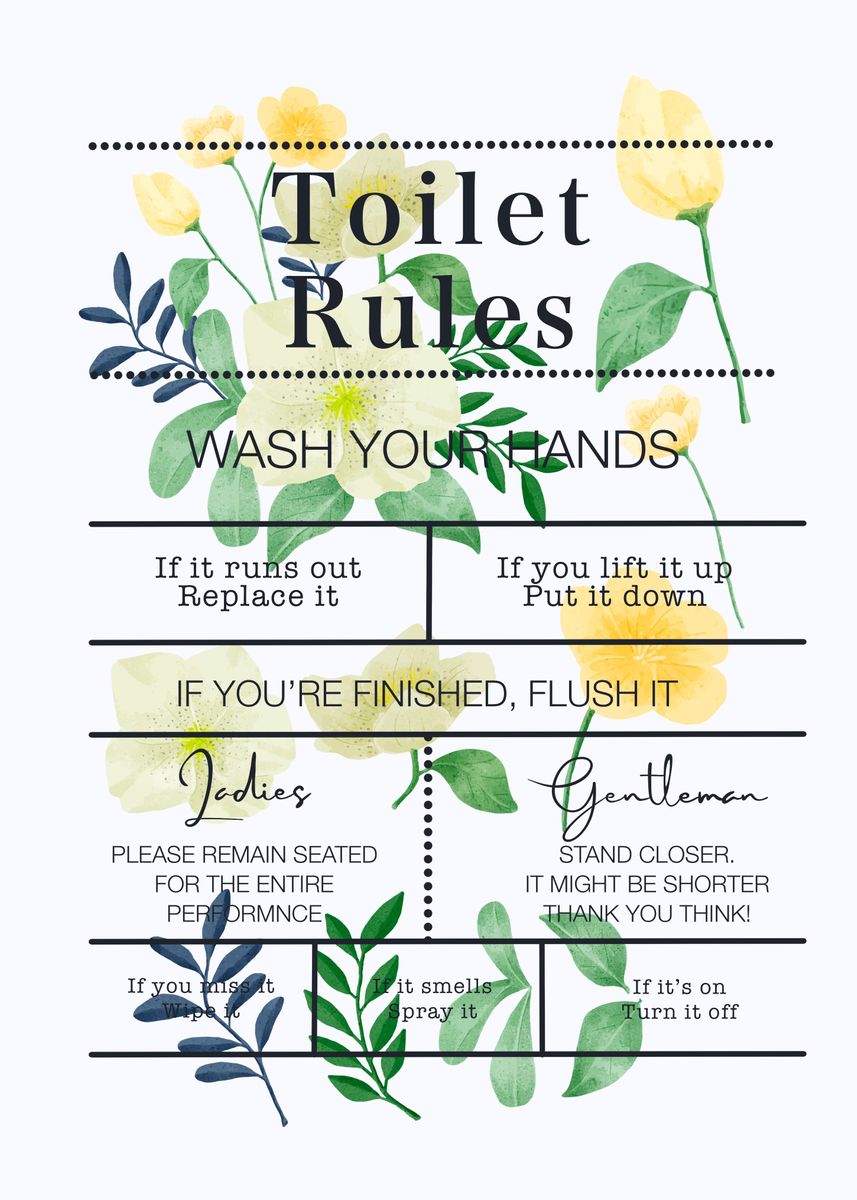 'Toilet Rules' Poster, picture, metal print, paint by UNIKORN | Displate