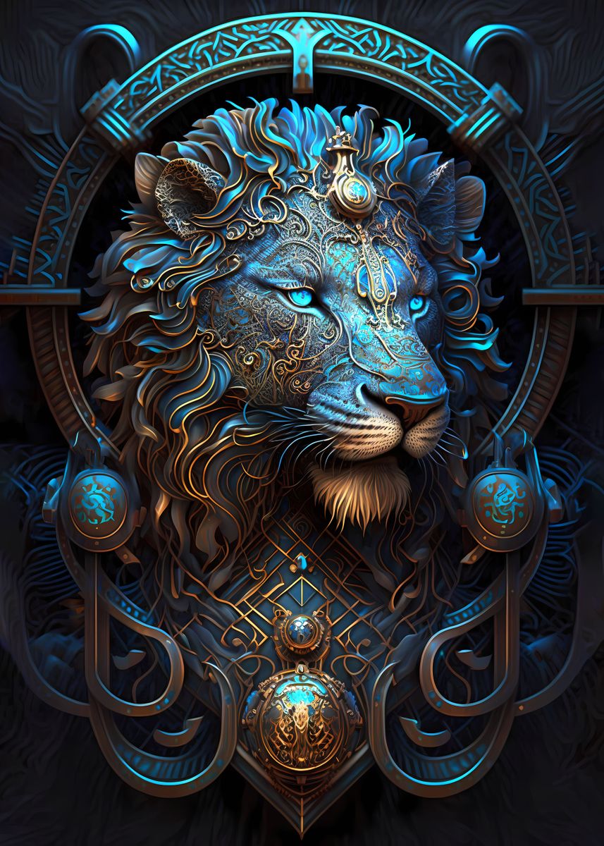 'Mystical Cosmic Blue Lion' Poster, picture, metal print, paint by ...