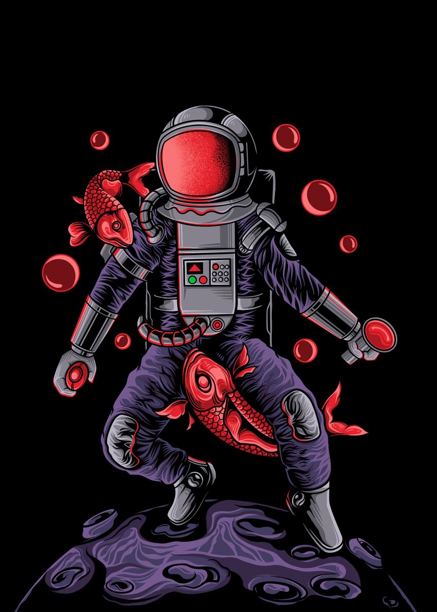 'Astronaut Playing Red Fish' Poster, picture, metal print, paint by ...