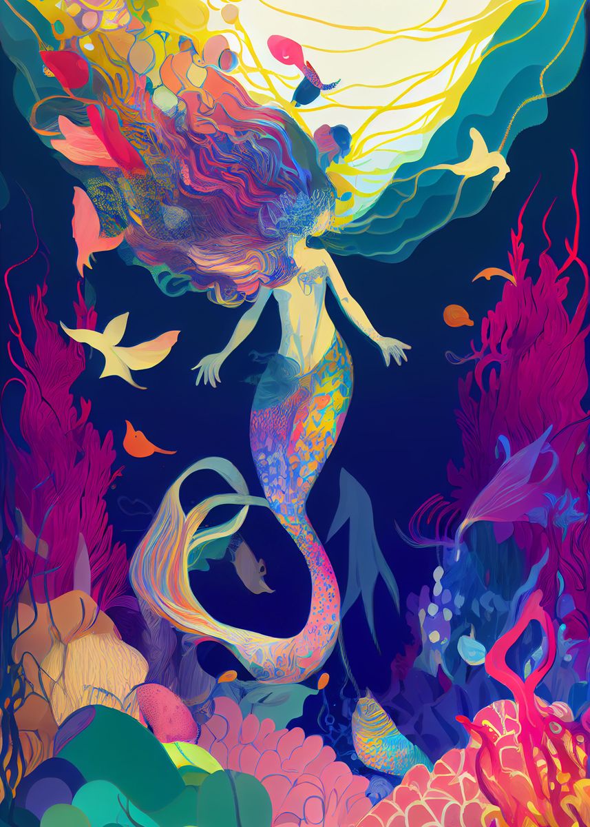 'Mermaid Colorful' Poster, picture, metal print, paint by DecoyDesign ...