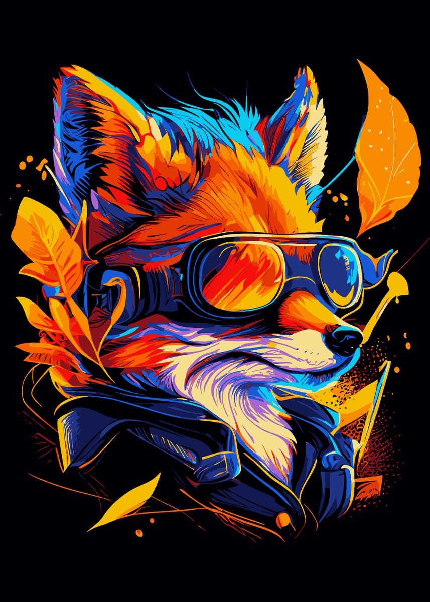 'Wild Neon Aviator Red Fox' Poster, picture, metal print, paint by ...