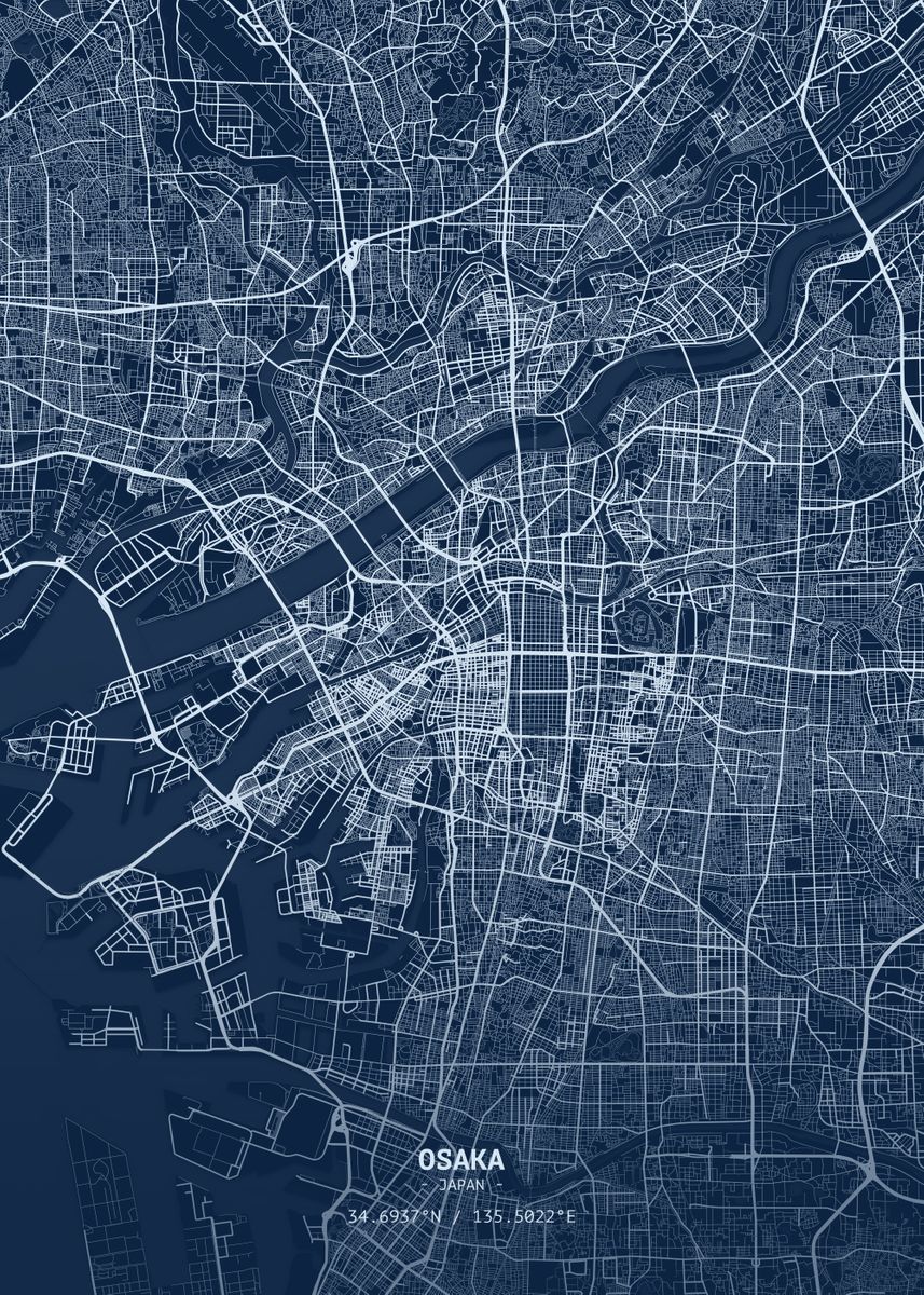 'Osaka Blueprint Map' Poster, picture, metal print, paint by Hatless ...