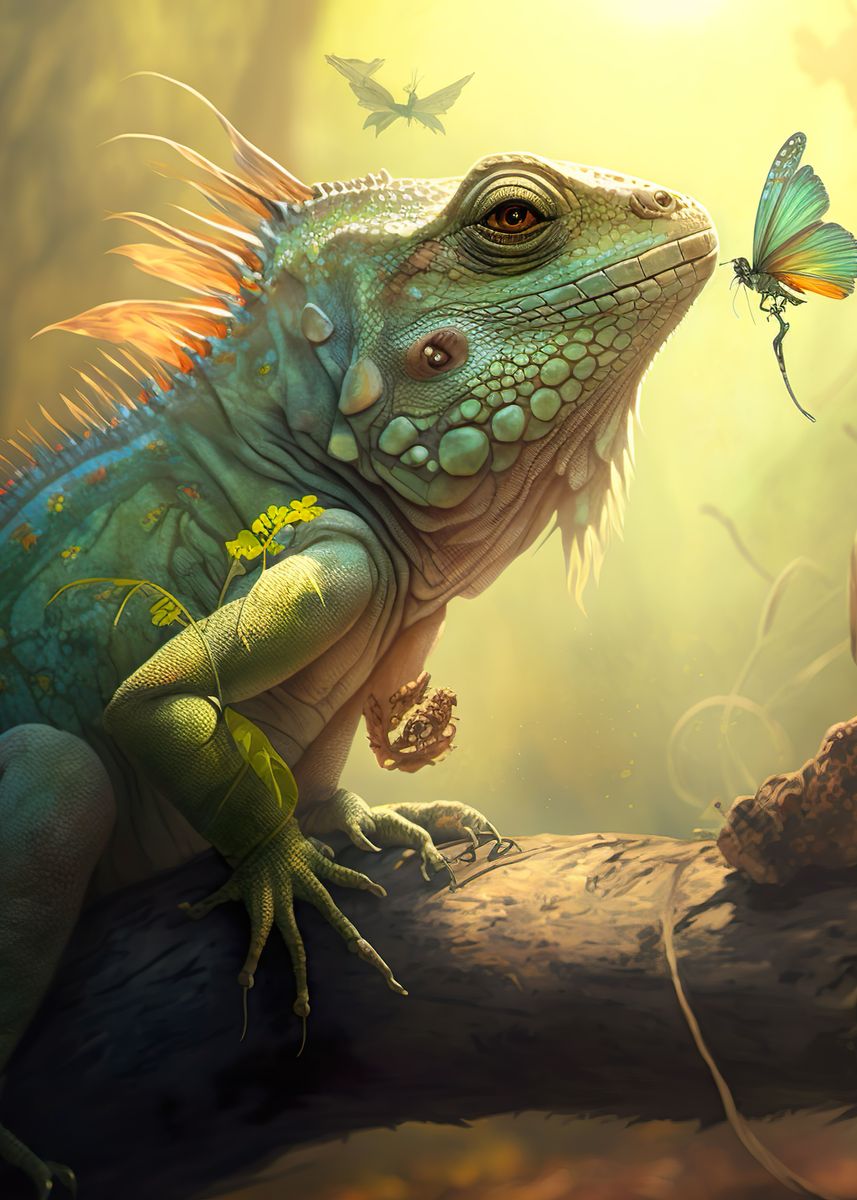 'Iguana on branch' Poster, picture, metal print, paint by ...