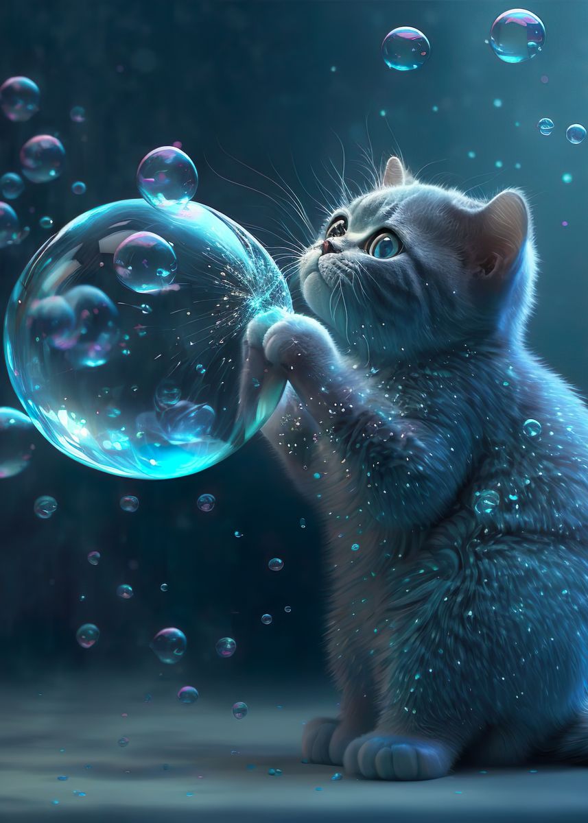 'Blue cat with bubbles' Poster, picture, metal print, paint by ...
