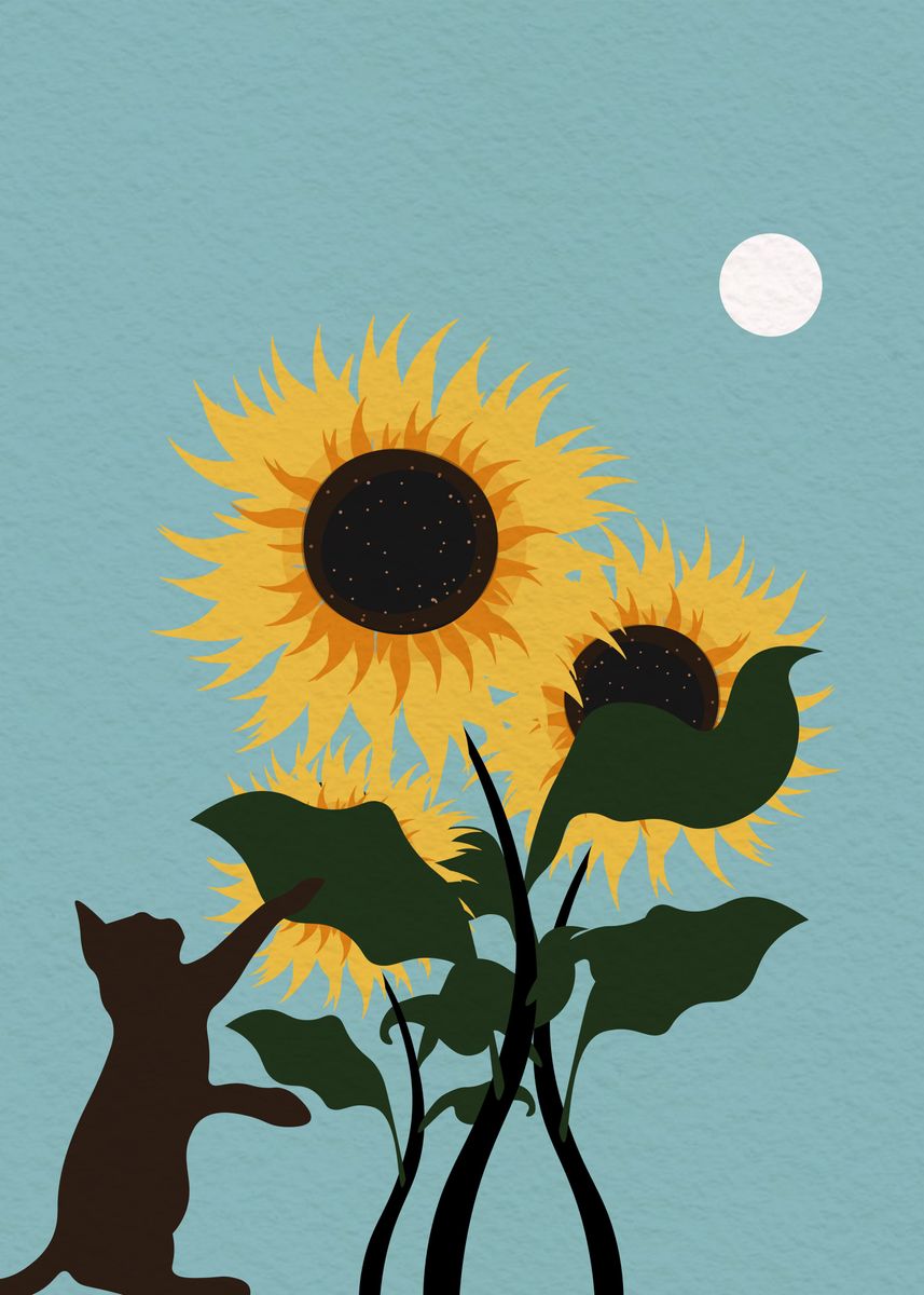 'Funny cat and sunflower' Poster, picture, metal print, paint by Ricky ...