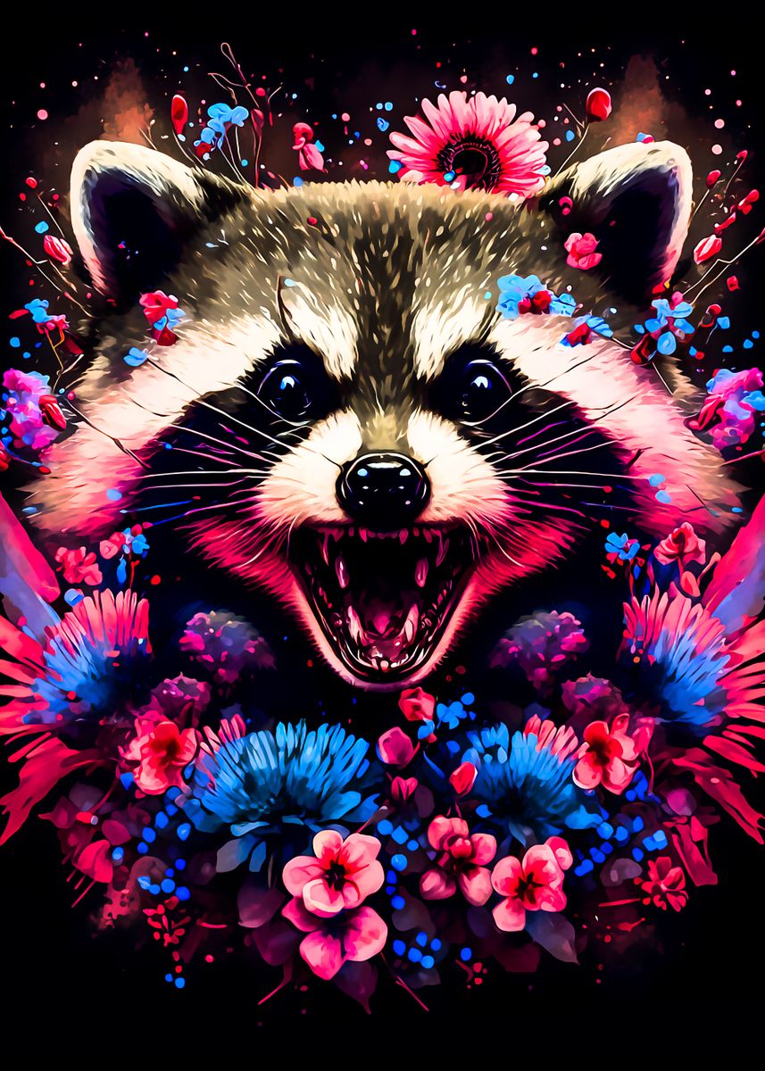 'Raccoon and Flower' Poster, picture, metal print, paint by Rane Acer ...