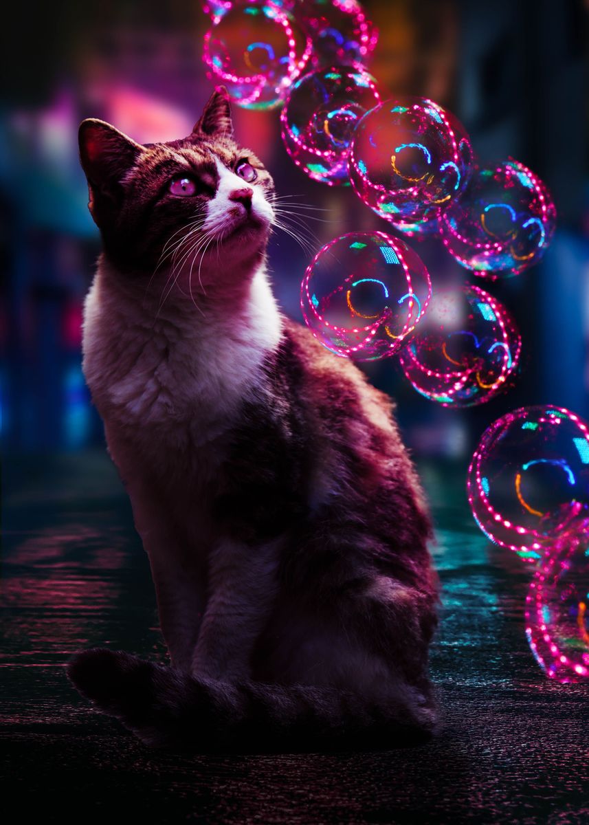 'Cat Bubbles' Poster, picture, metal print, paint by Shaheen Khan ...