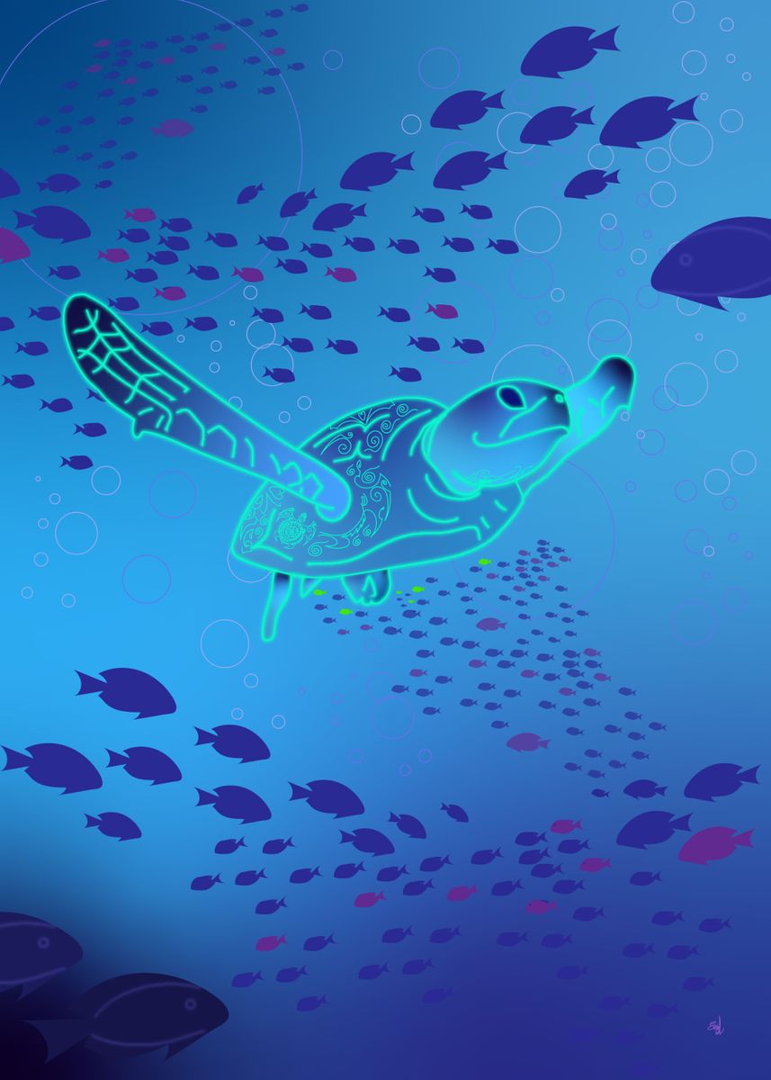 'Neon turtle' Poster, picture, metal print, paint by Erika | Displate