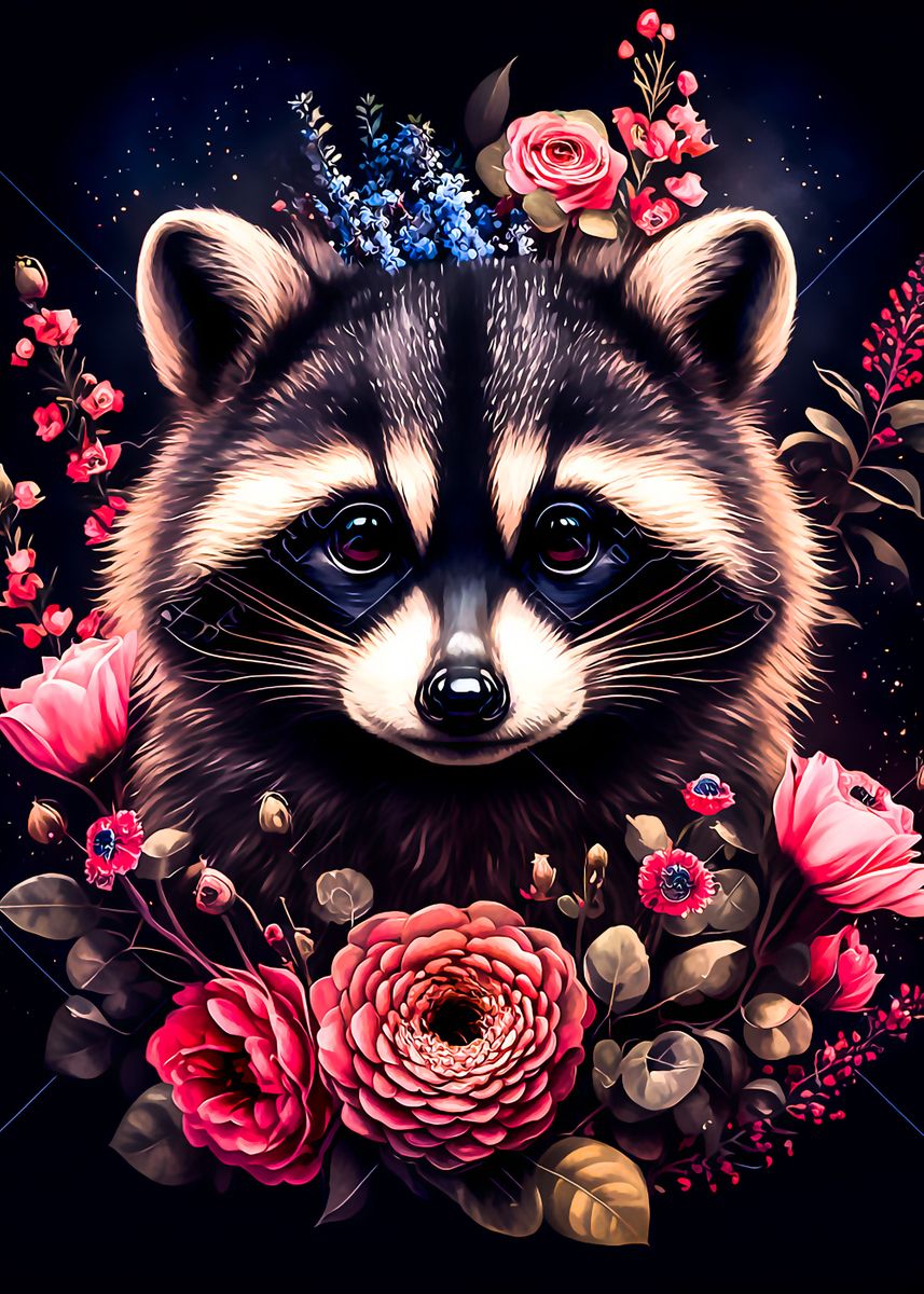 'Raccoon and Flower' Poster, picture, metal print, paint by Rane Acer ...