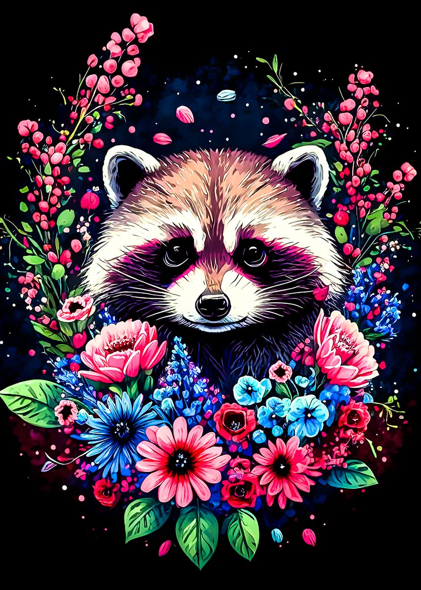'Raccoon and Flower' Poster, picture, metal print, paint by Rane Acer ...