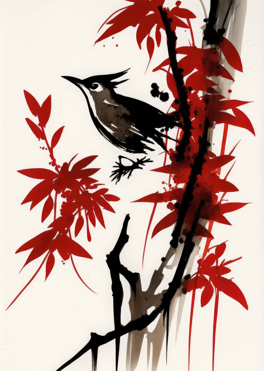 'Japanese Bird in Tree' Poster by Mitoka | Displate