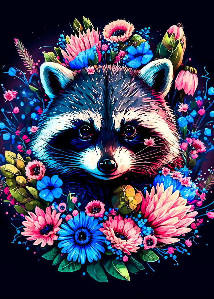 'Raccoon and Flower' Poster, picture, metal print, paint by Rane Acer ...