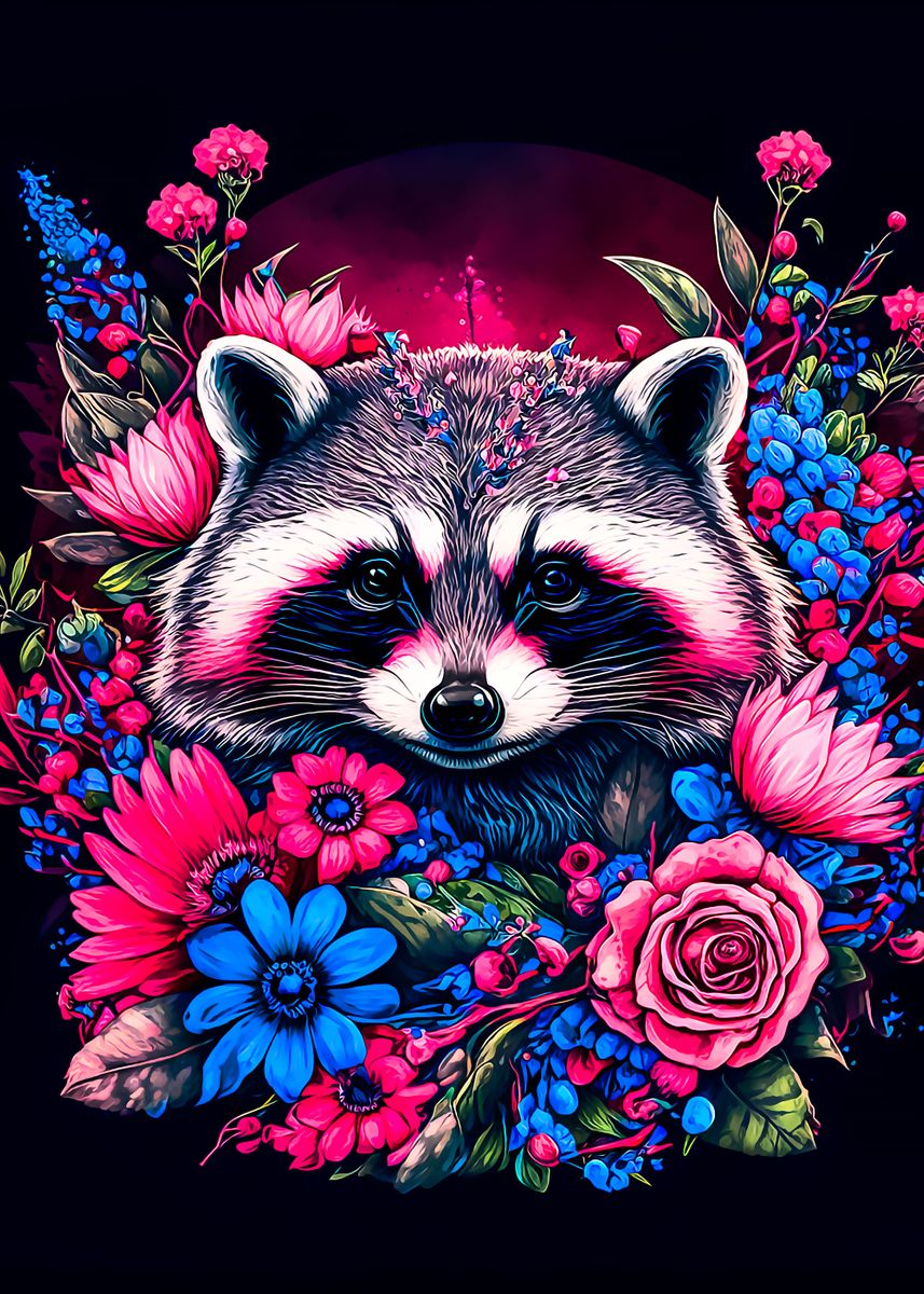 'Raccoon and Flower' Poster, picture, metal print, paint by Rane Acer ...