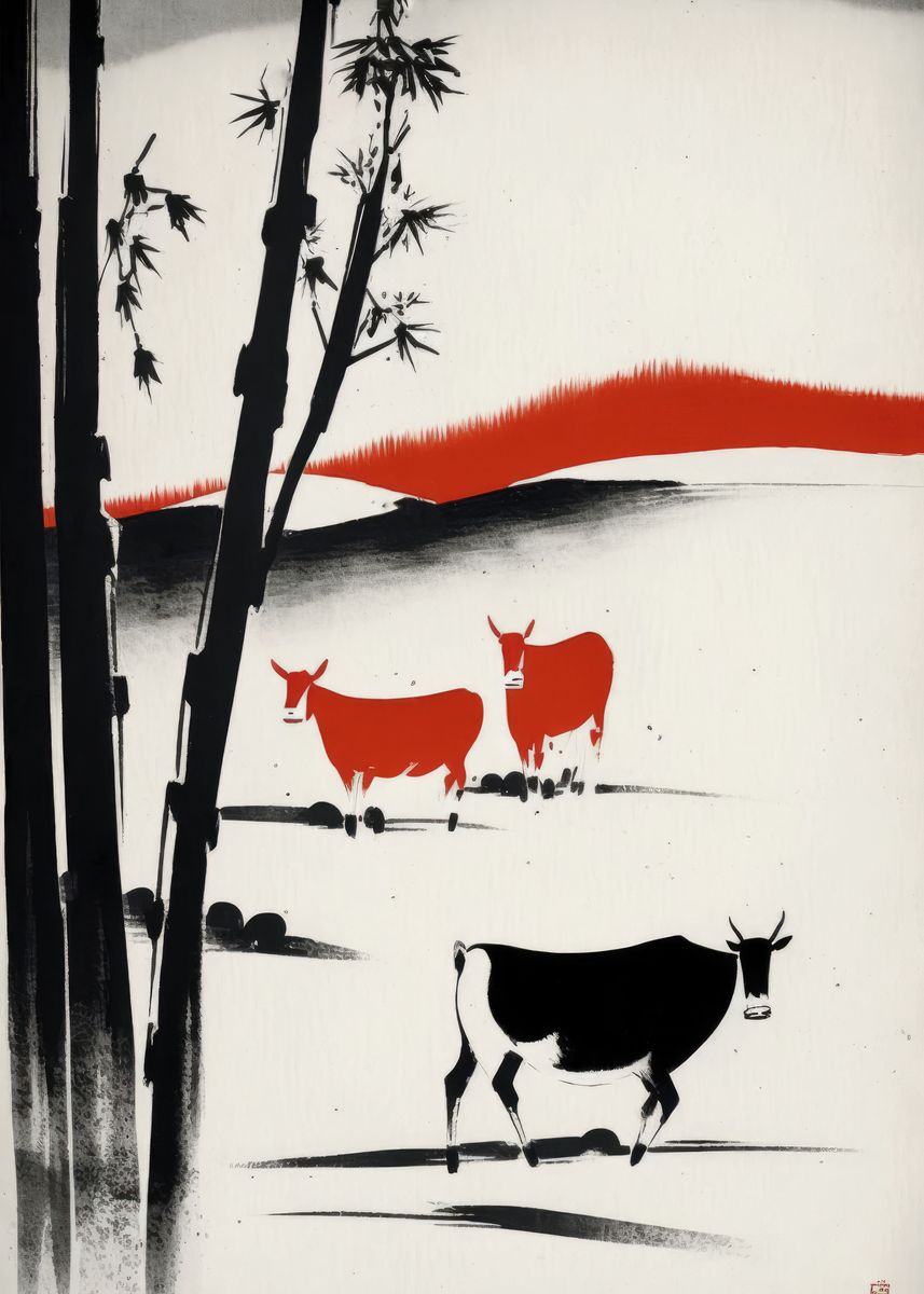 'Japanese Cow in Pasture' Poster, picture, metal print, paint by Mitoka ...
