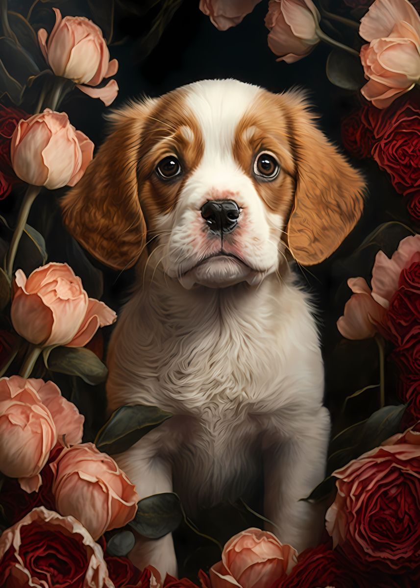 'Puppy In Roses' Poster, picture, metal print, paint by Hatless Luffy | Displate