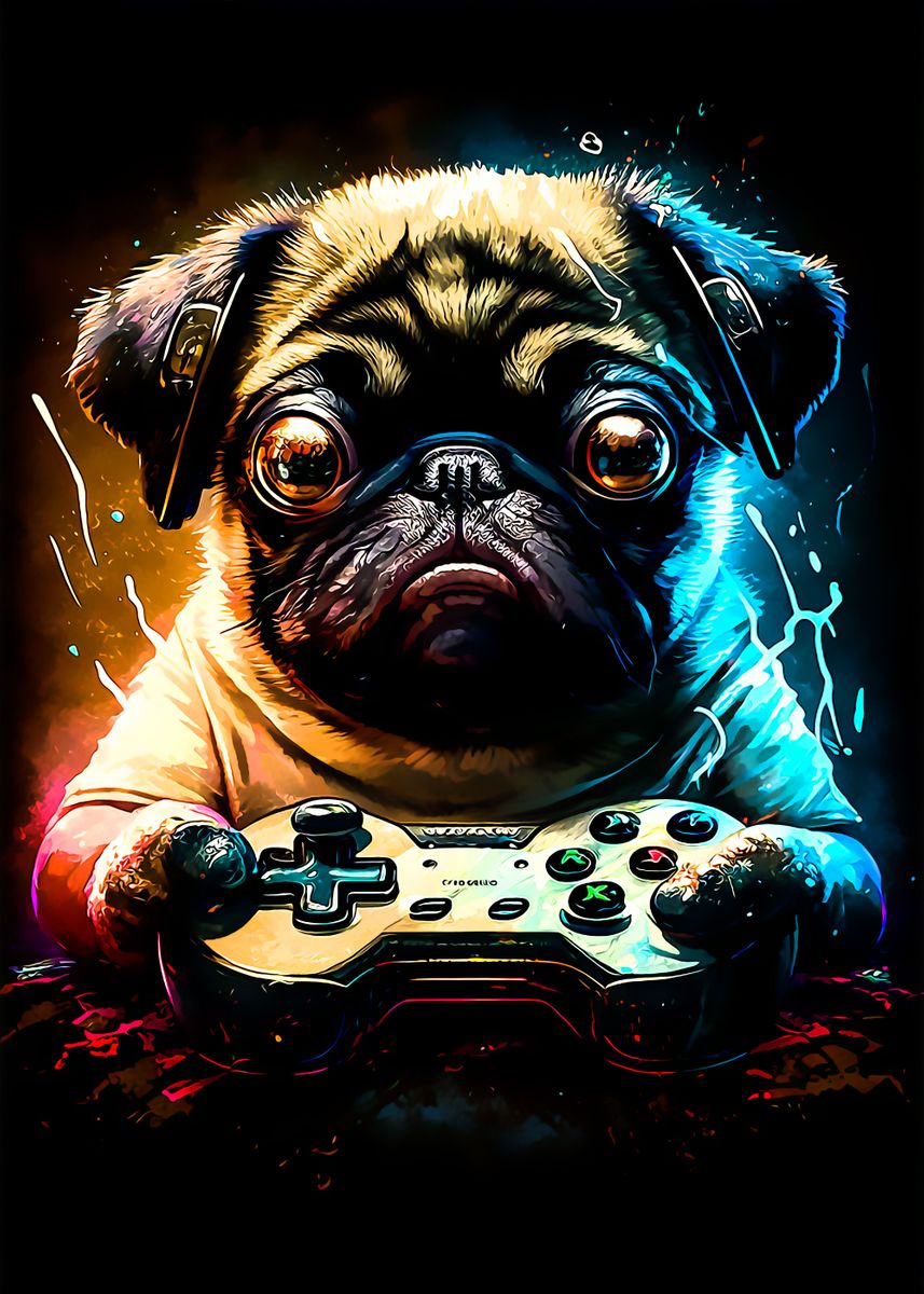'Pug Play Console Game' Poster, picture, metal print, paint by Nemory ...