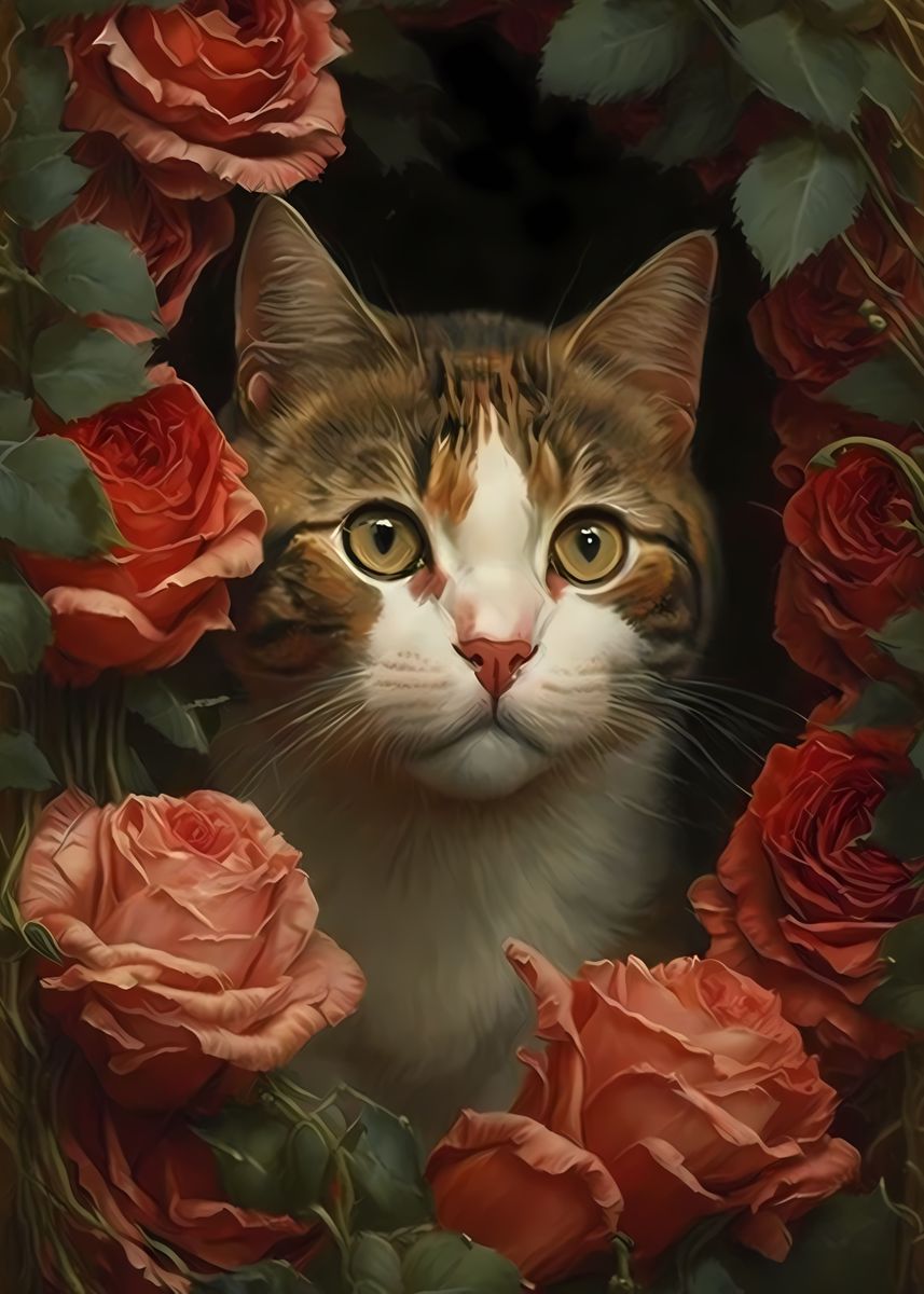 'Cat In Roses' Poster, picture, metal print, paint by Hatless Luffy ...