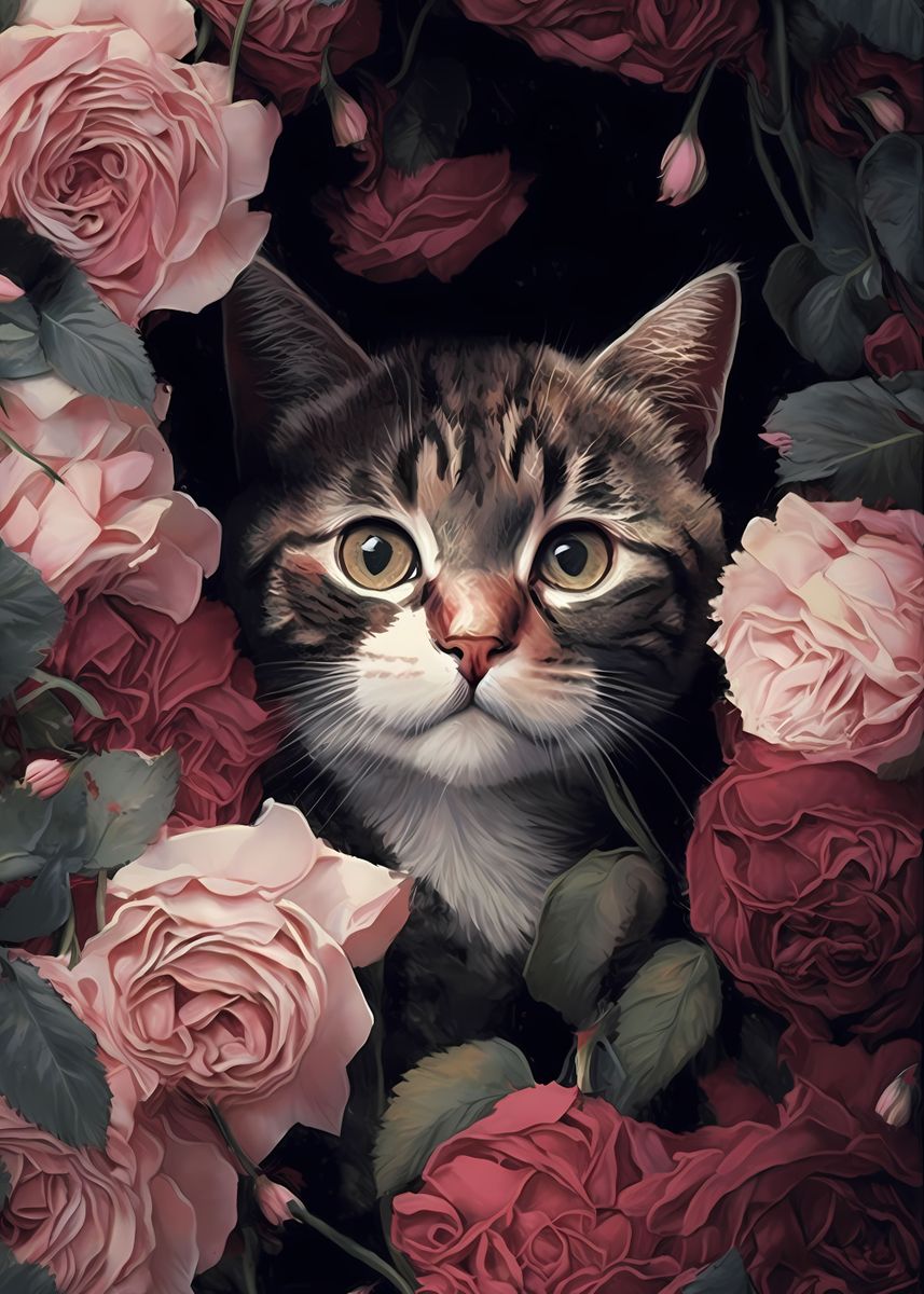 'Cat In Roses' Poster, picture, metal print, paint by Hatless Luffy ...