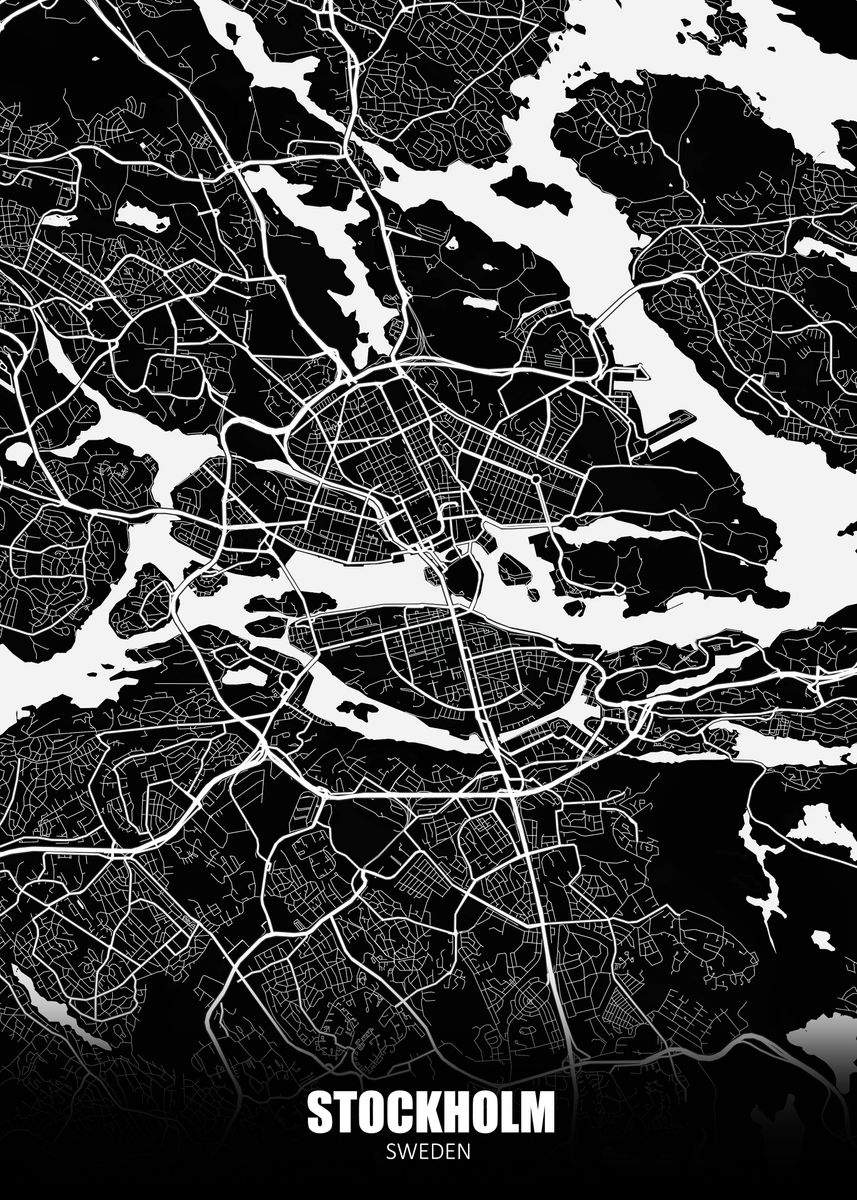 'Stockholm Sweden Dark Map' Poster, picture, metal print, paint by Zake ...