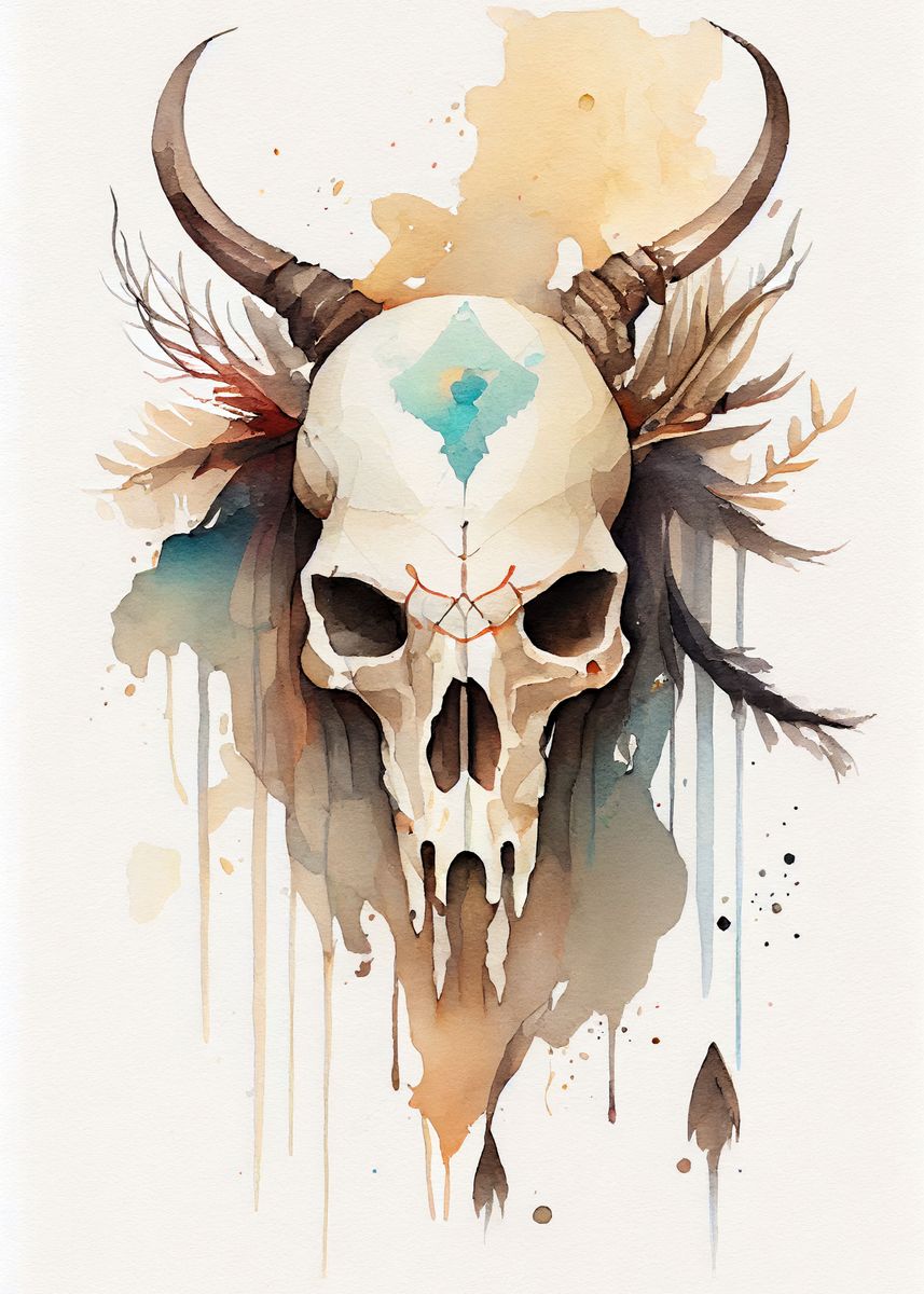 'Shaman Skull' Poster, picture, metal print, paint by DervlexArt | Displate