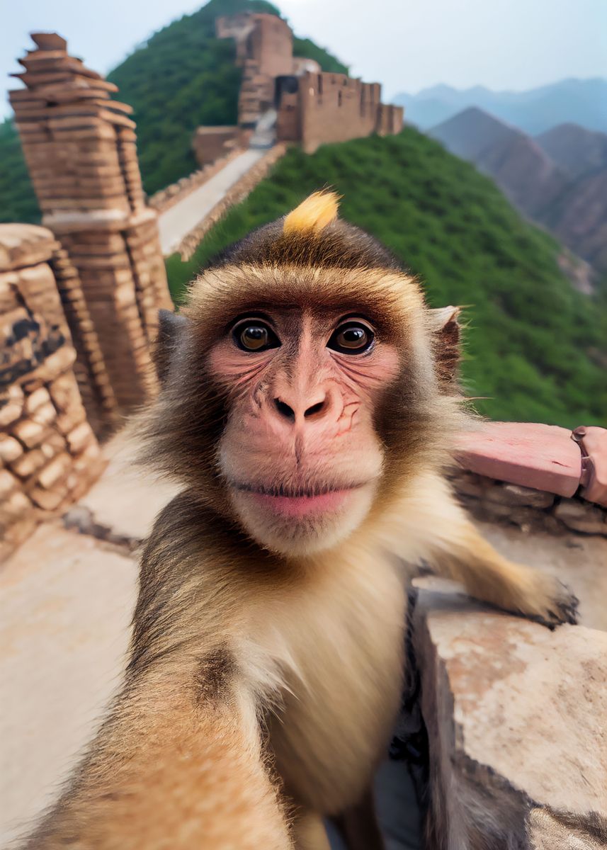 'Monkey selfie Chinese Wall' Poster, picture, metal print, paint by ...