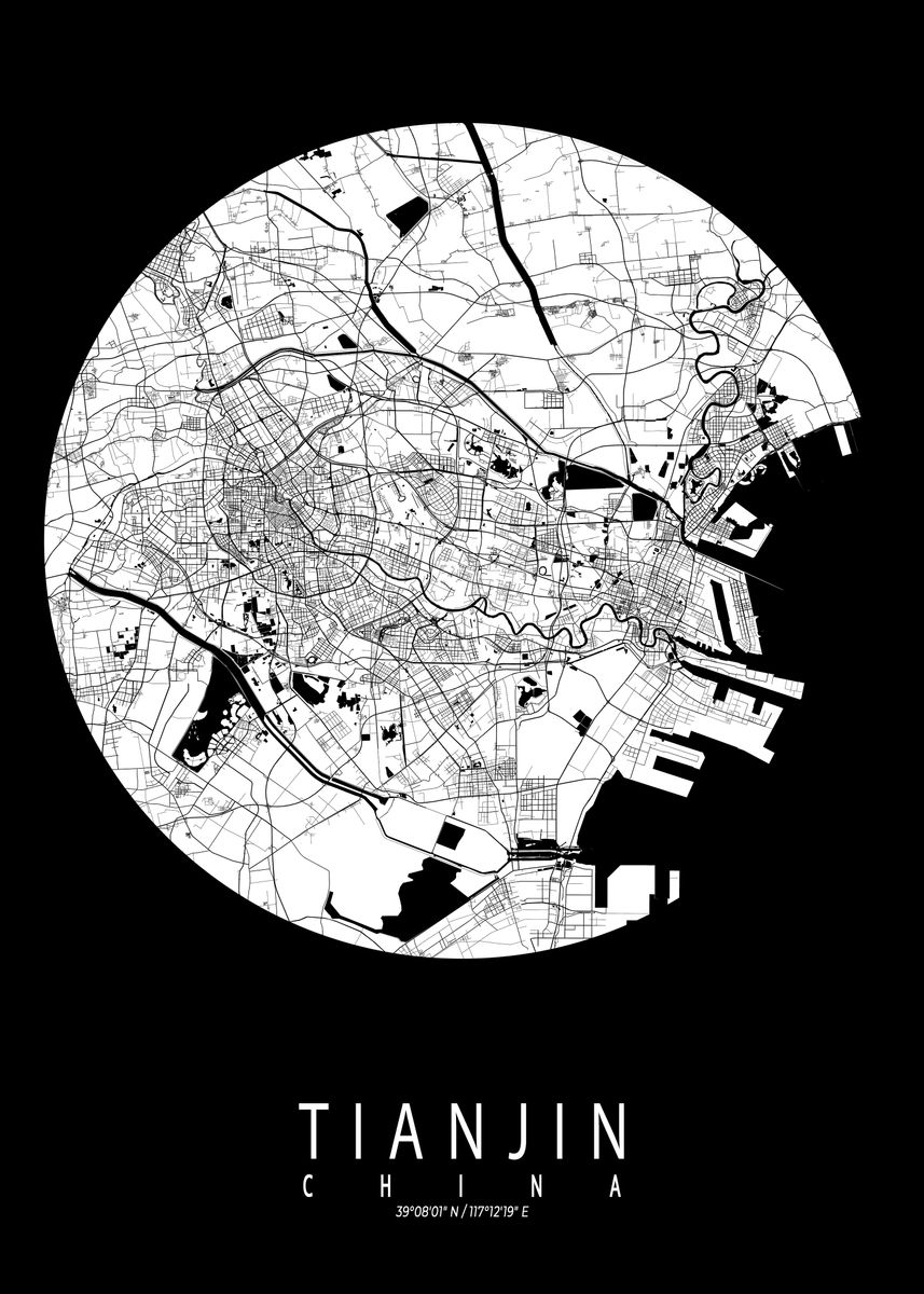 'Tianjin City Map Full Moon' Poster, picture, metal print, paint by deMAP Studio | Displate