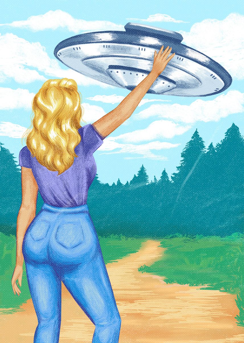 'Woman Waving at UFO' Poster, picture, metal print, paint by Fateh ...