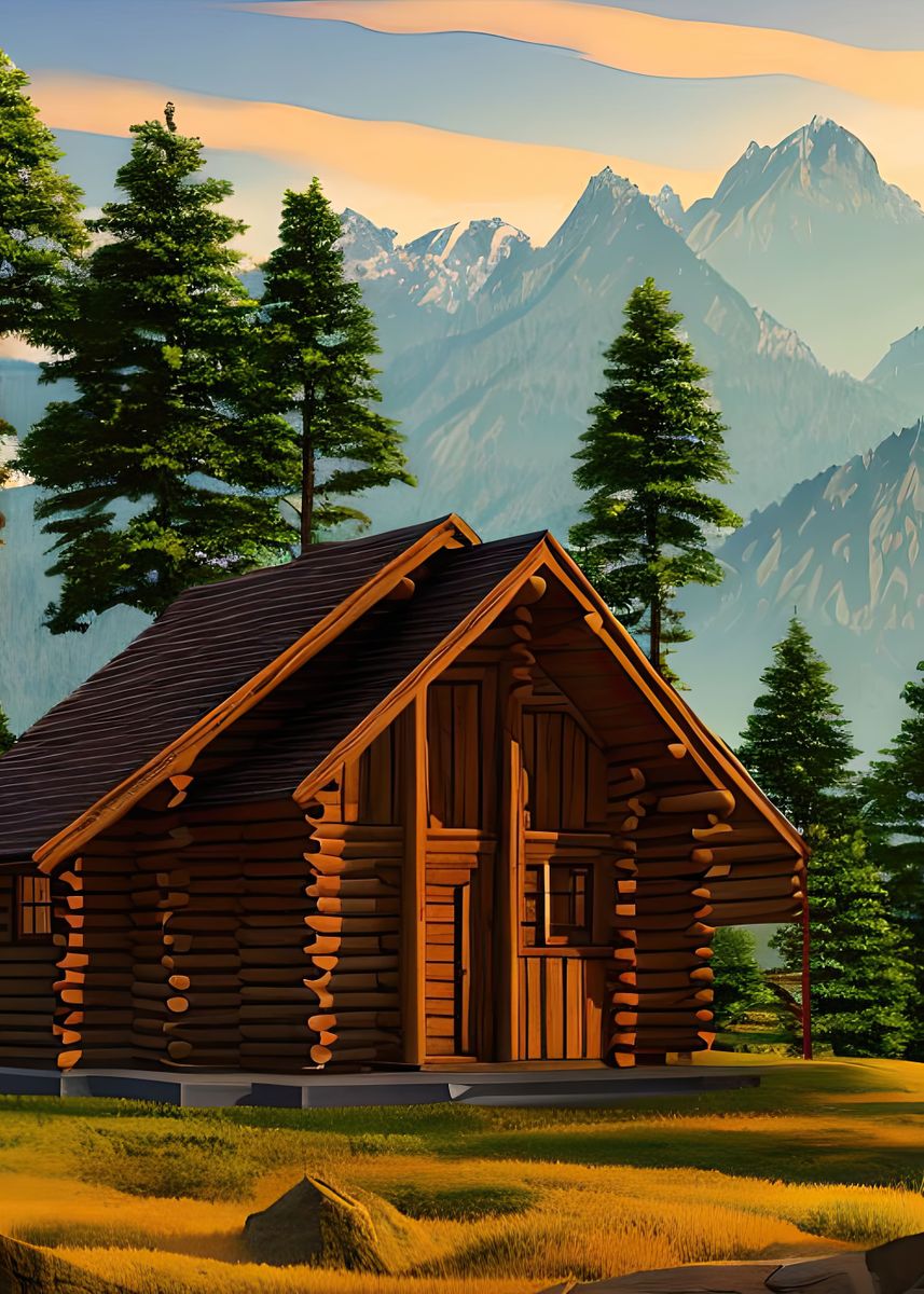 'Mountain Log Cabin' Poster, picture, metal print, paint by insideFairy ...
