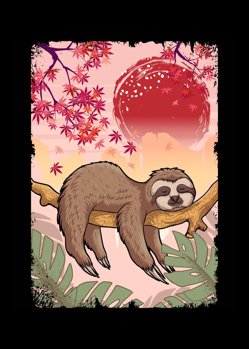 'Relaxing Sloth Japanese' Poster, picture, metal print, paint by ...
