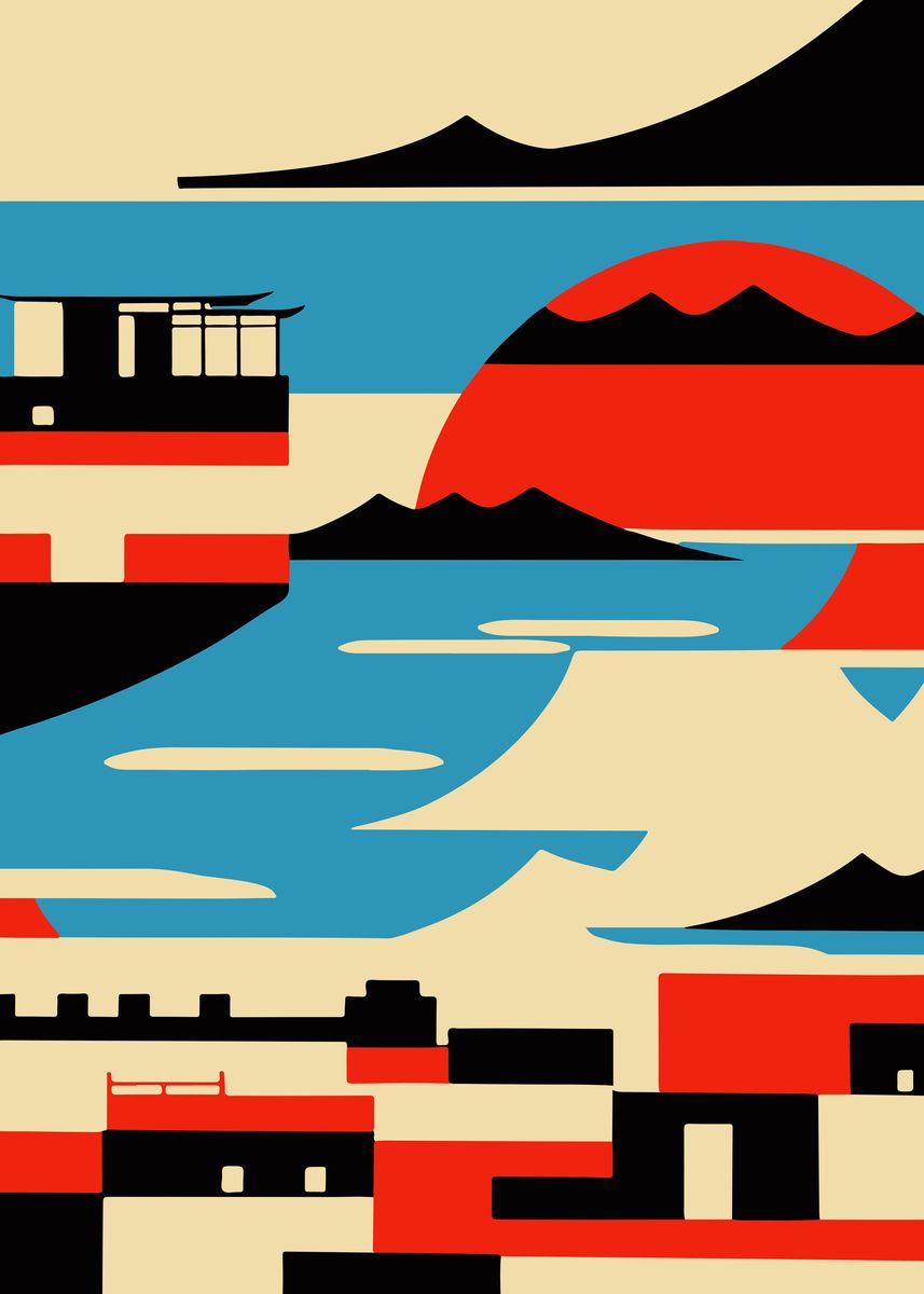 'Japanese Landscape Poster' Poster, picture, metal print, paint by BluePinkPanther | Displate