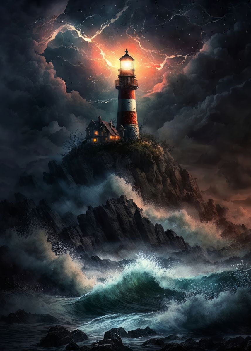 'A Lighthouse in a Storm v5' Poster, picture, metal print, paint by ...