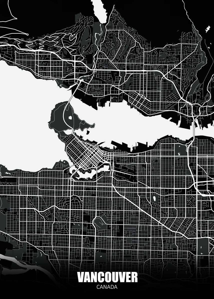'Vancouver Canada Dark Map' Poster, picture, metal print, paint by Zake ...