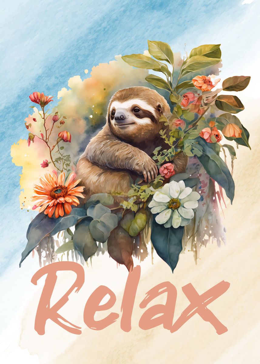 'Cosy sloth and flowers' Poster, picture, metal print, paint by Stefan ...
