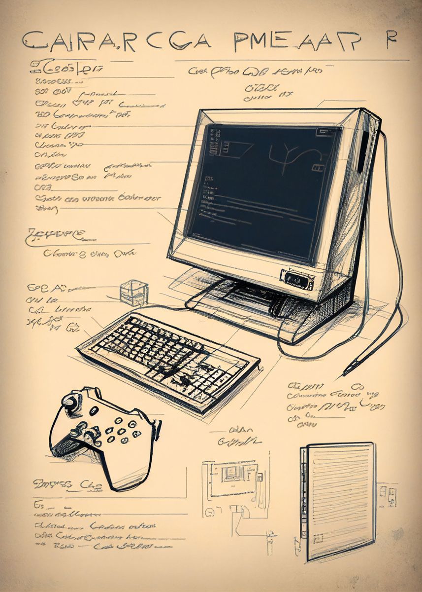 'A old PC sketch setup' Poster, picture, metal print, paint by Digital ...