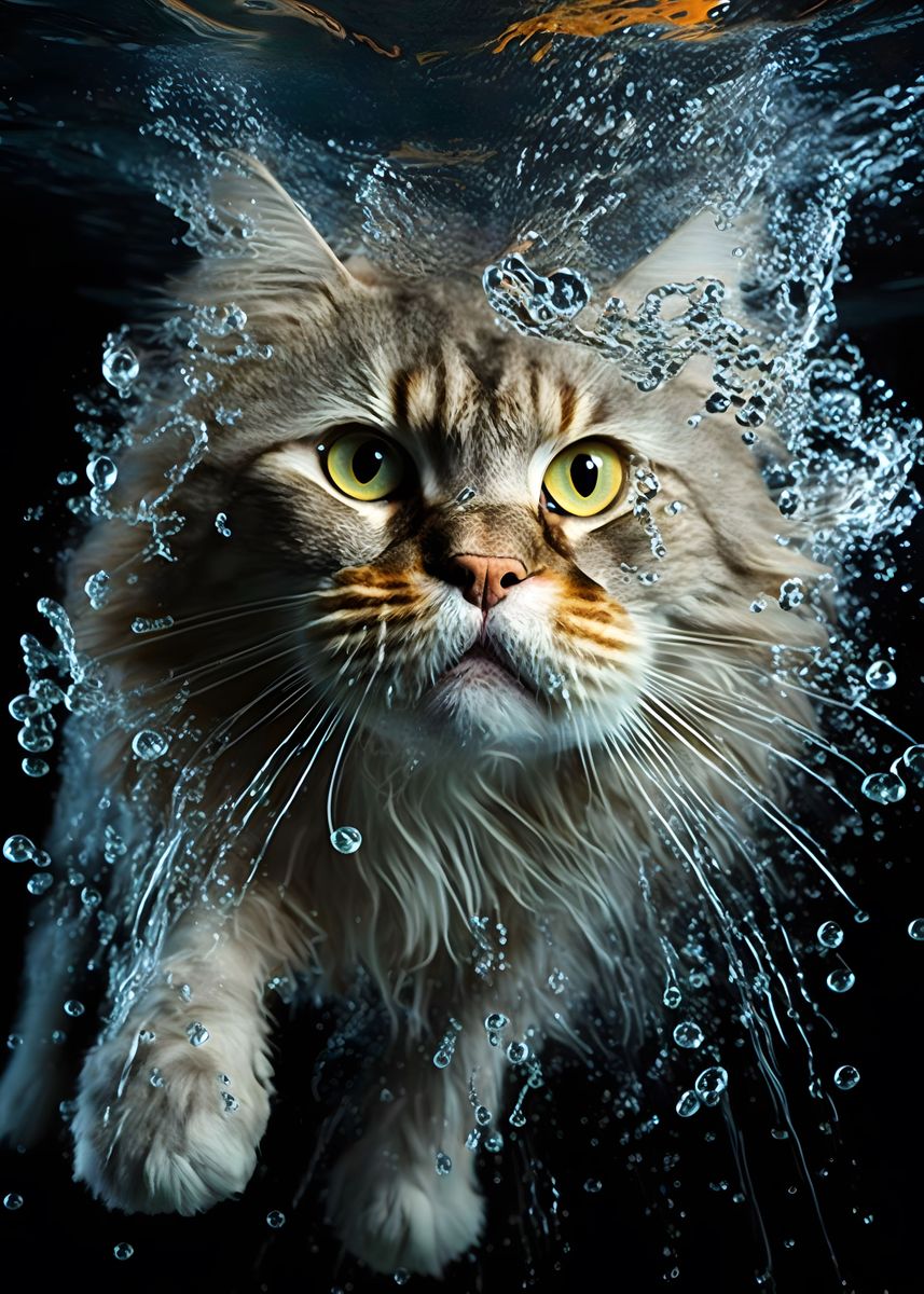 'Frightened cat under water' Poster, picture, metal print, paint by ...