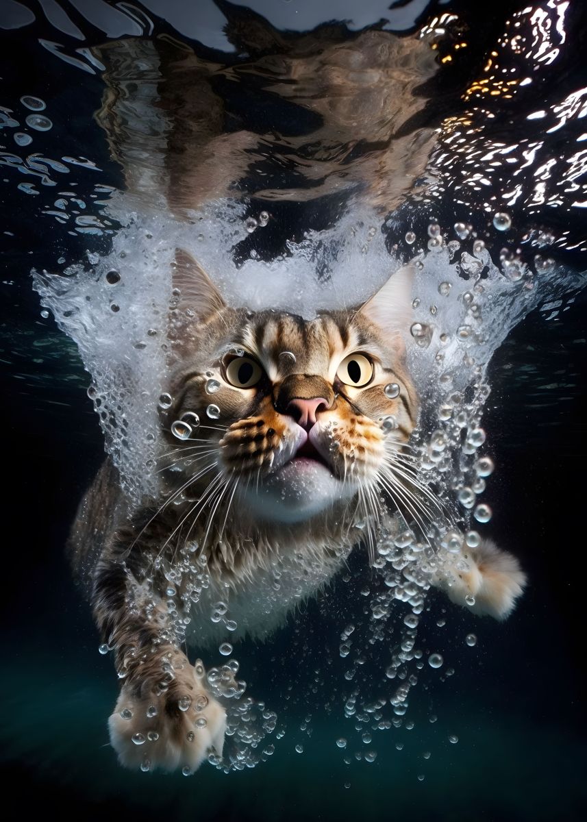 'Frightened cat under water' Poster, picture, metal print, paint by ...