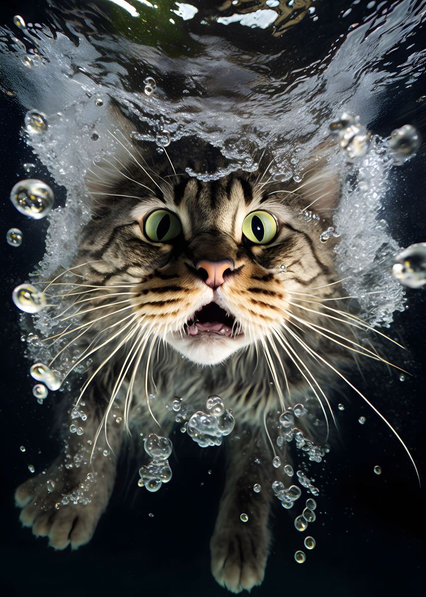 'Frightened cat under water' Poster, picture, metal print, paint by ...