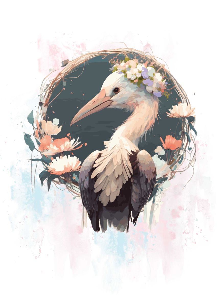 'Floral Watercolor Stork' Poster by BestPrints | Displate