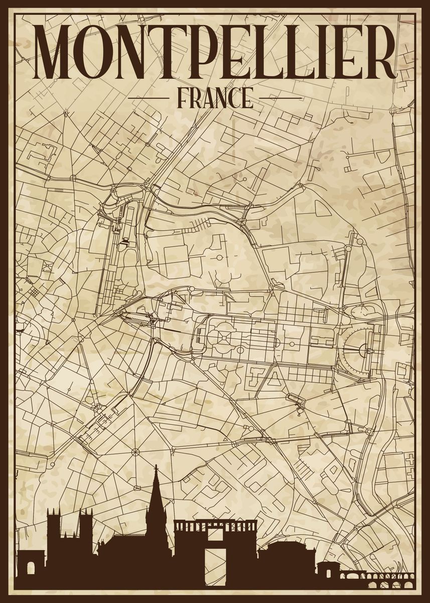 'Montpellier Map Skyline' Poster, picture, metal print, paint by Fateh ...