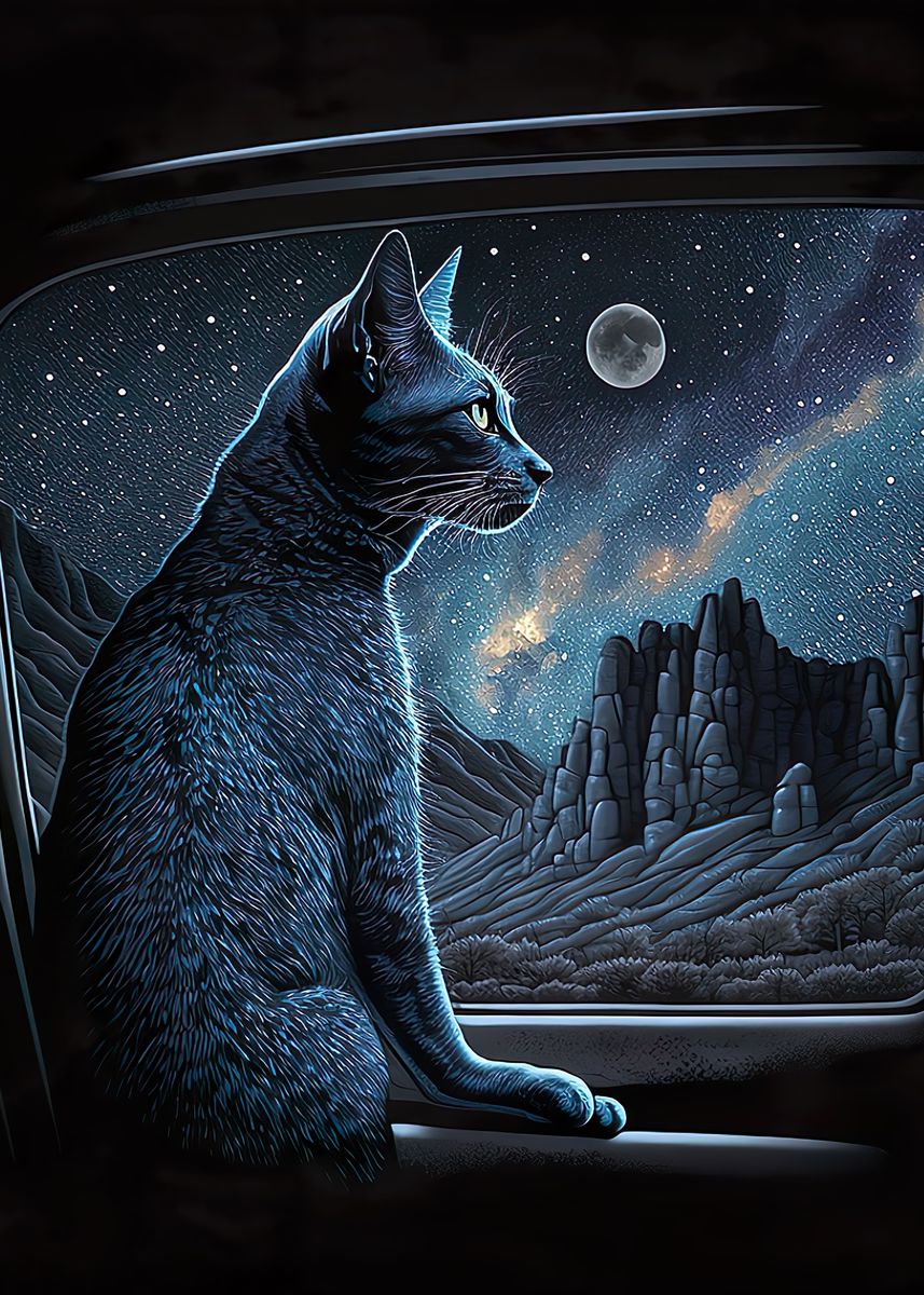 'Moonlight Cat Painting' Poster, picture, metal print, paint by ...