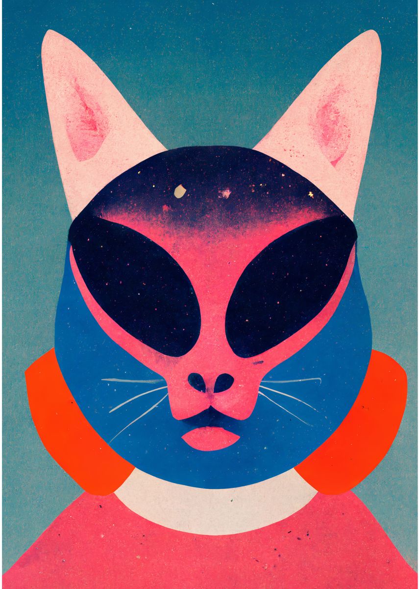 'Alien Cat Retro Space UFO' Poster, picture, metal print, paint by ...